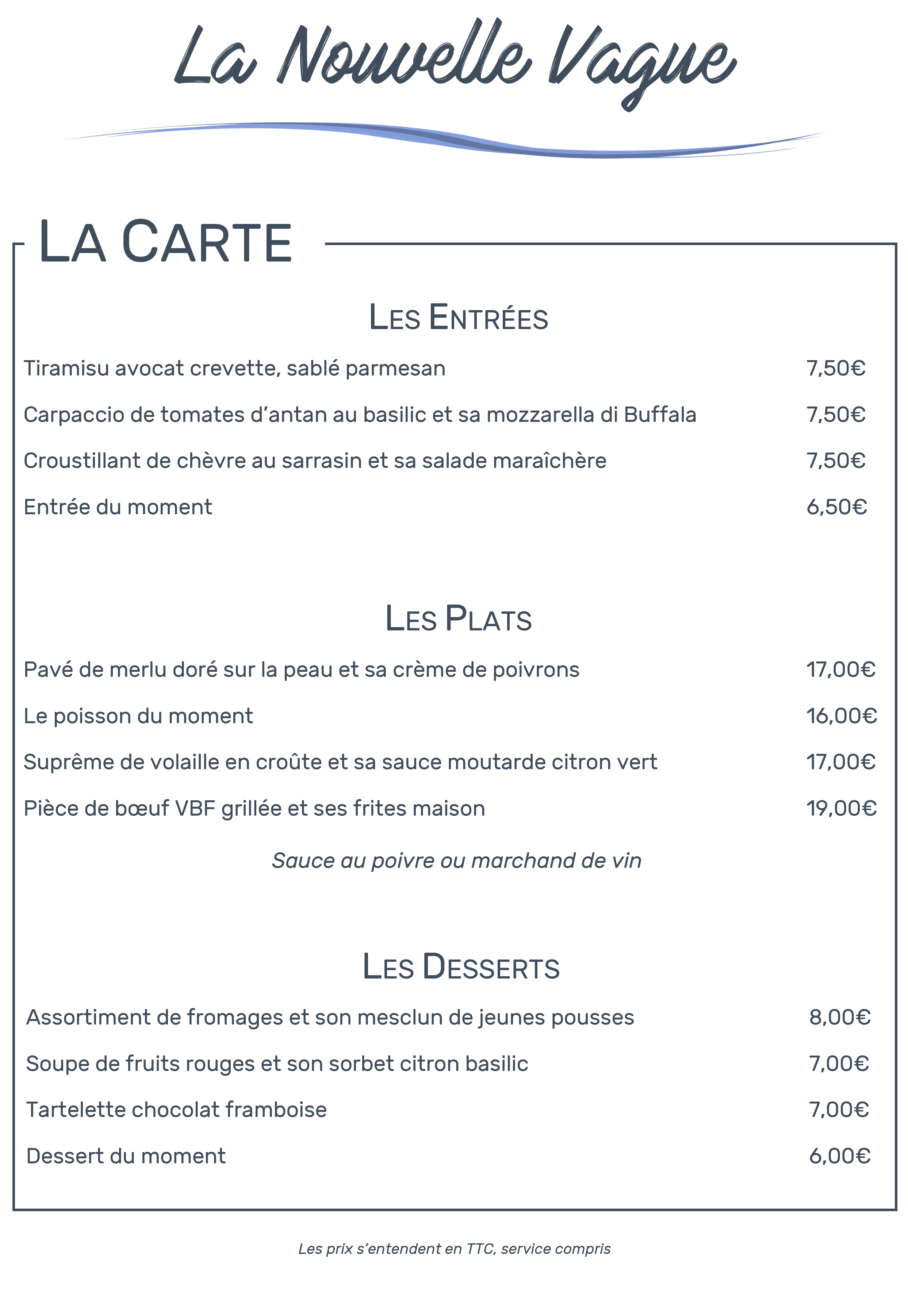 La Carte - La Nouvelle Vague - Restaurant Auray